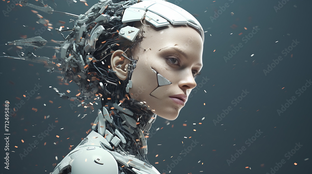 A close-up of robotic girl's face with her head falling apart, the ...