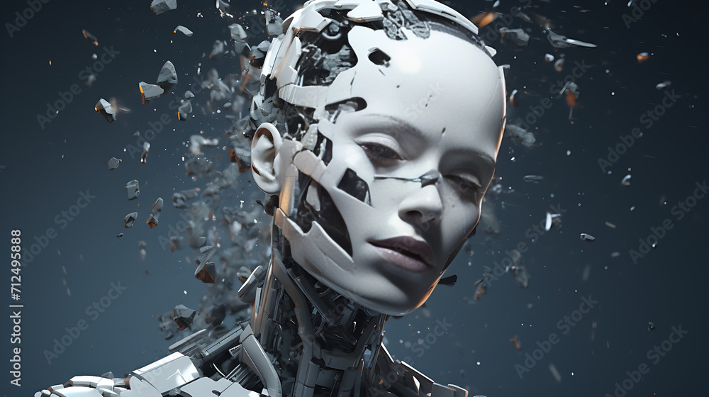 A close-up of robotic girl's face with her head falling apart, the ...