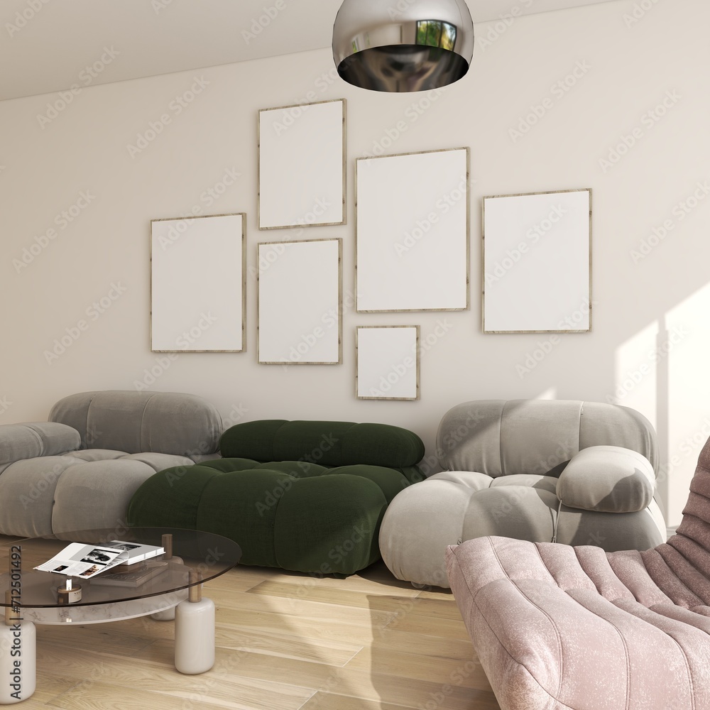 6 frames mockup in colorful retro living room. Six empty posters on ...