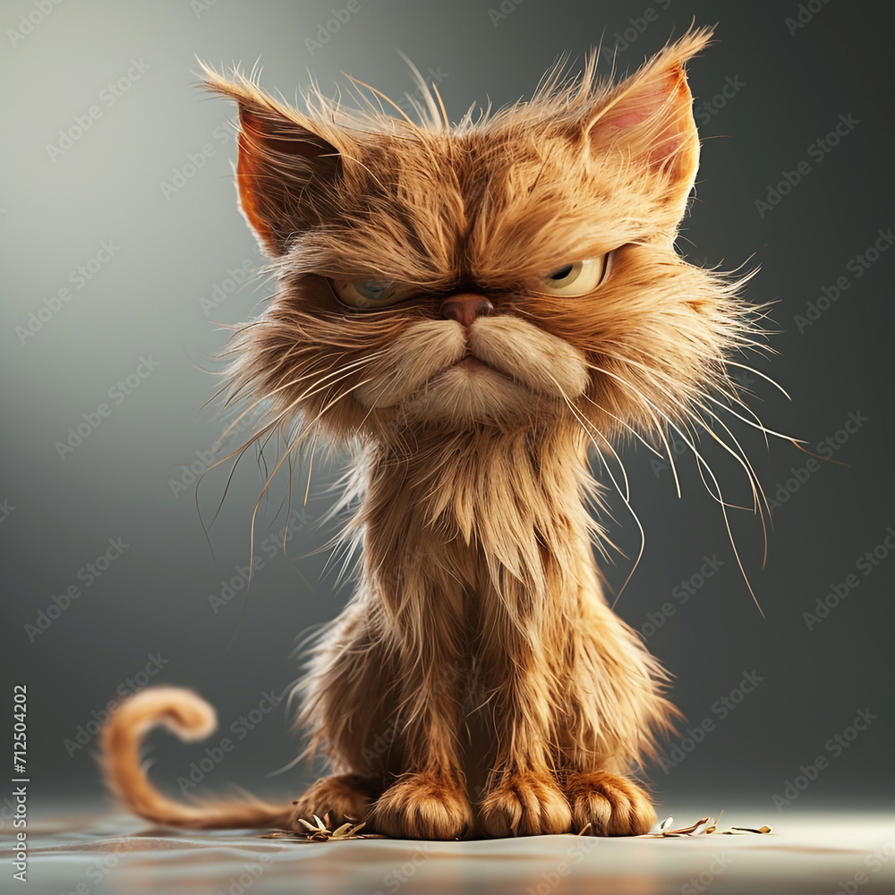 Angry and clumsy Persian cat in 3D cartoon style. Dark background ...
