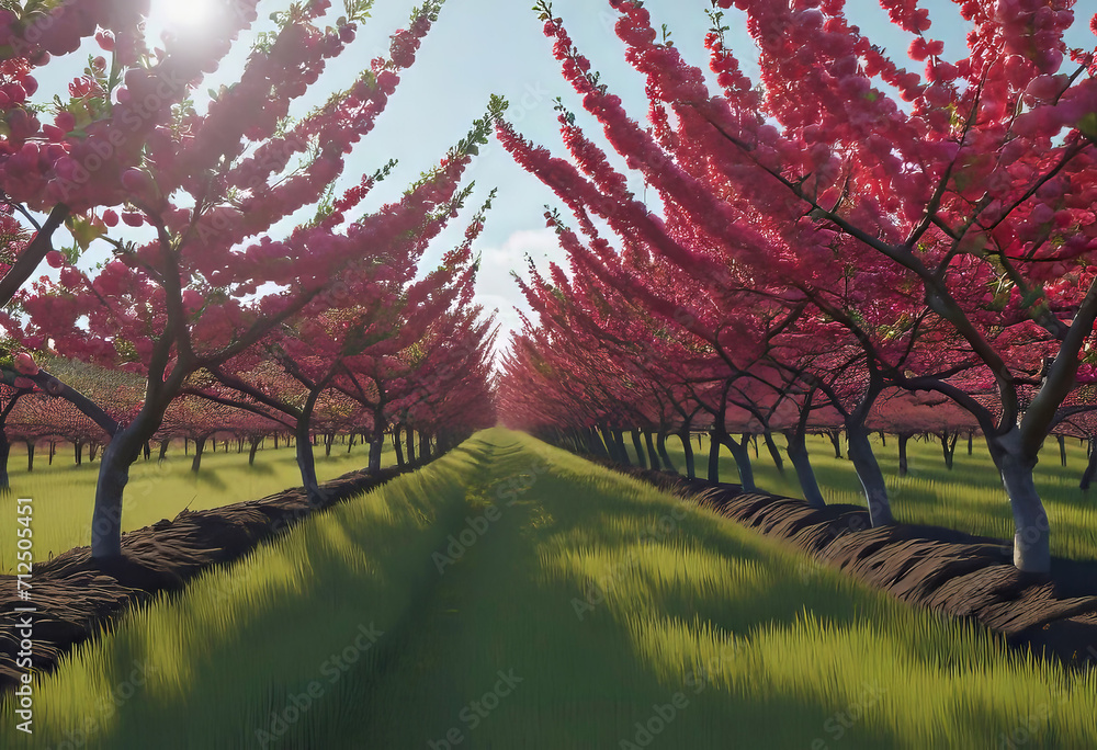 View of a fruitful apple orchard with trees and fruits. View of an ...