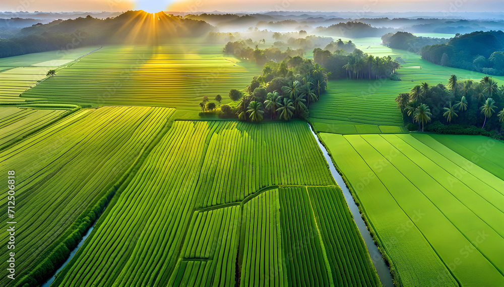 View of a green rice field with trees. Rice plants. view of an ...