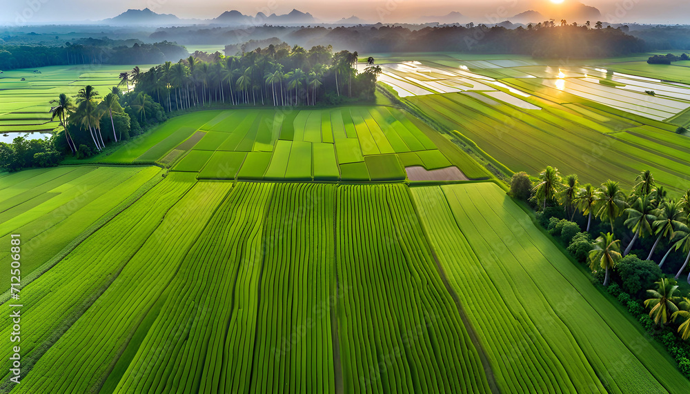 View of a green rice field with trees. Rice plants. view of an ...