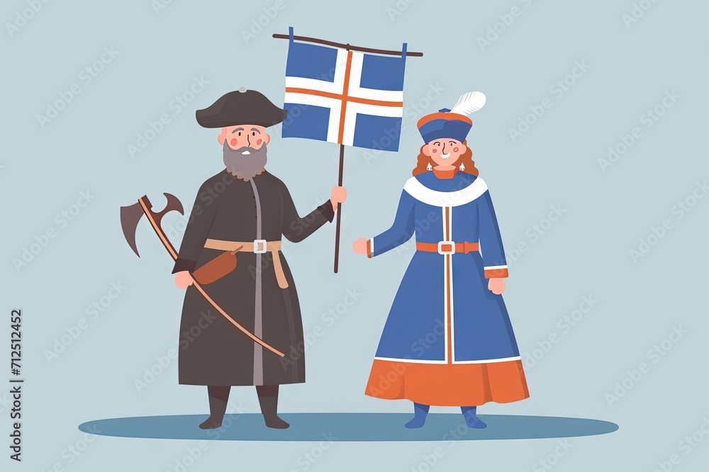 Icelandics in national dress with a flag. Man and woman in traditional ...