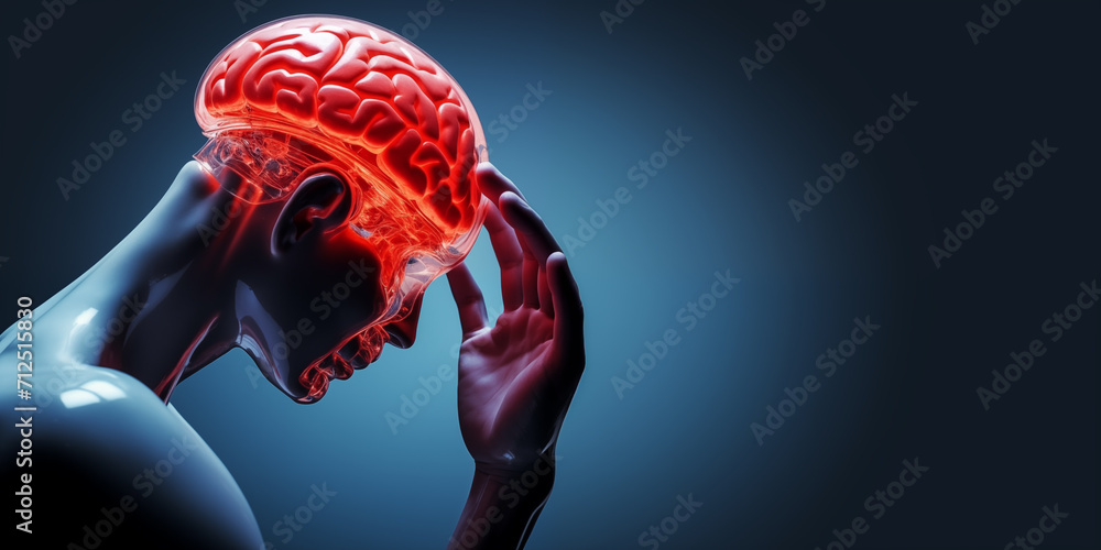 Human head, hands touching the temples. Brain activity, injury, pain ...