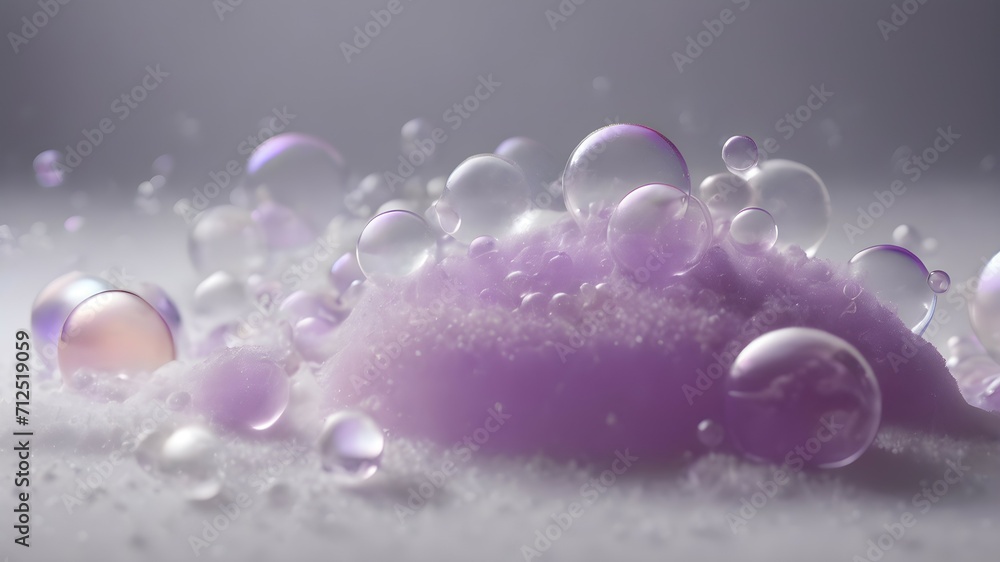 Pale purple soap bubbles and foam on the white background. Light purple ...