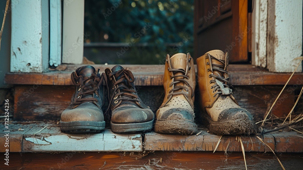 A couple's worn-out shoes side by side at the doorstep, telling a story ...