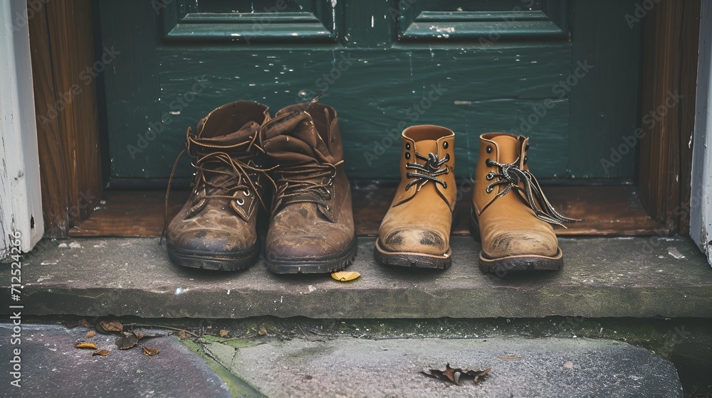 A couple's worn-out shoes side by side at the doorstep, telling a story ...
