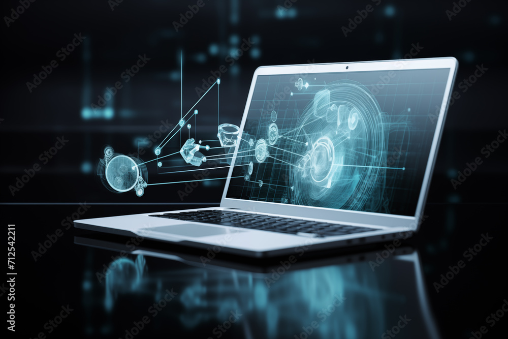 futuristic laptop computer with graphics an logos popping out of the ...