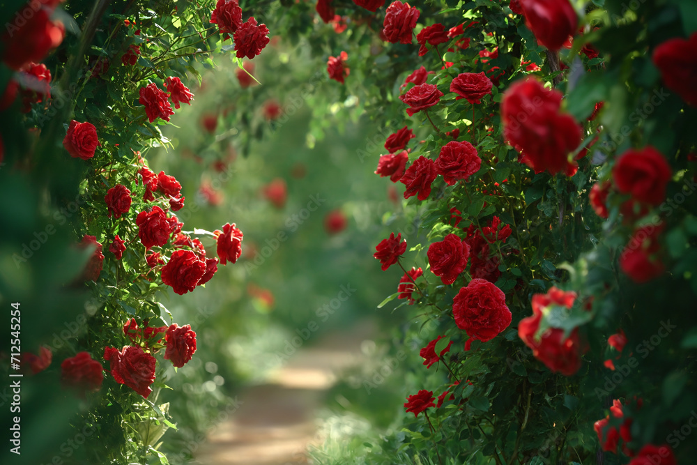 enchanting garden scene filled with red roses of different sizes and ...