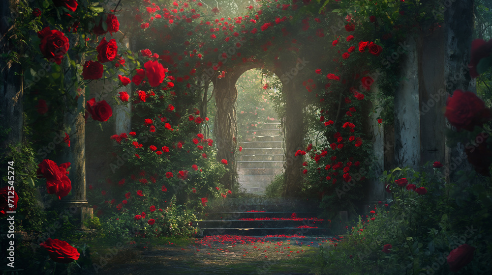 enchanting garden scene filled with red roses of different sizes and ...