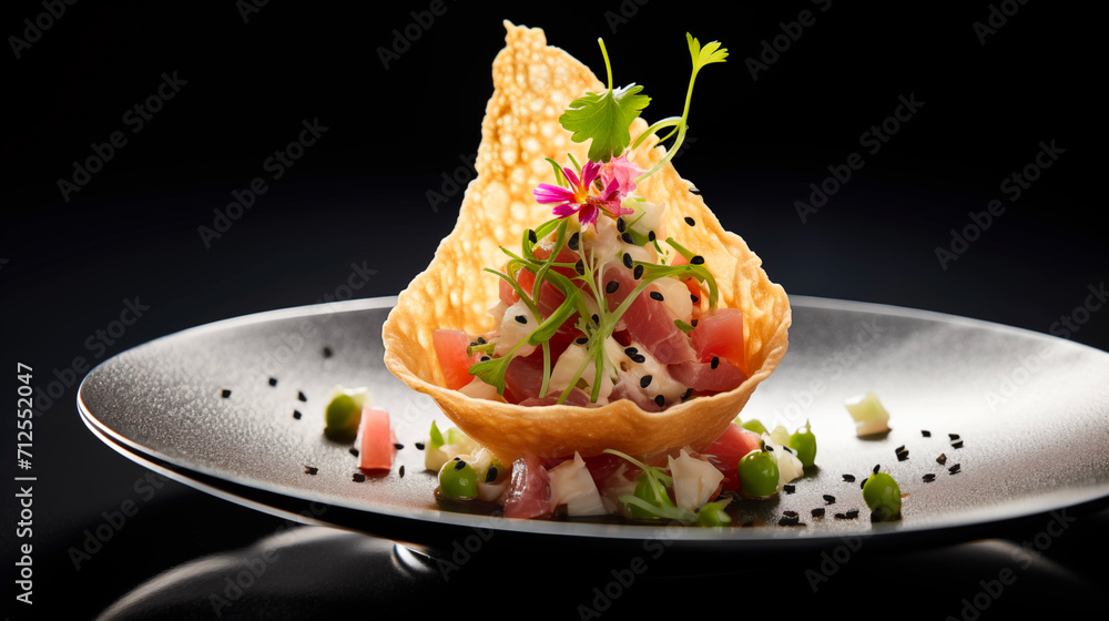 A fine dining dish of Tuna Tartare in a Sesame Cone with micro herbs ...