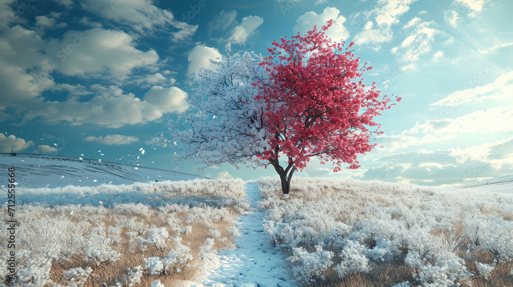 Tree displaying half winter snow and half spring blossom. Stock ...