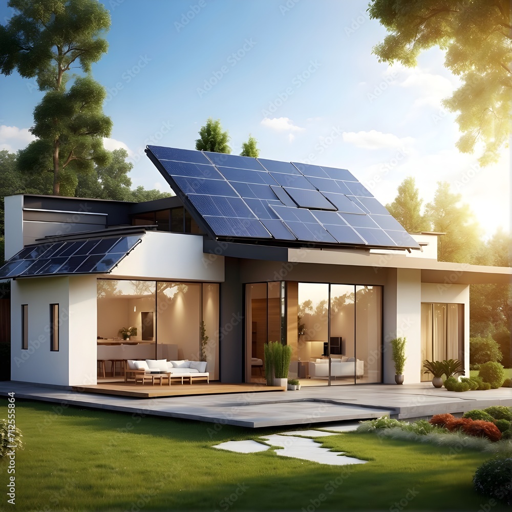 Solar panels generating electricity on a one-floor house with a plain ...