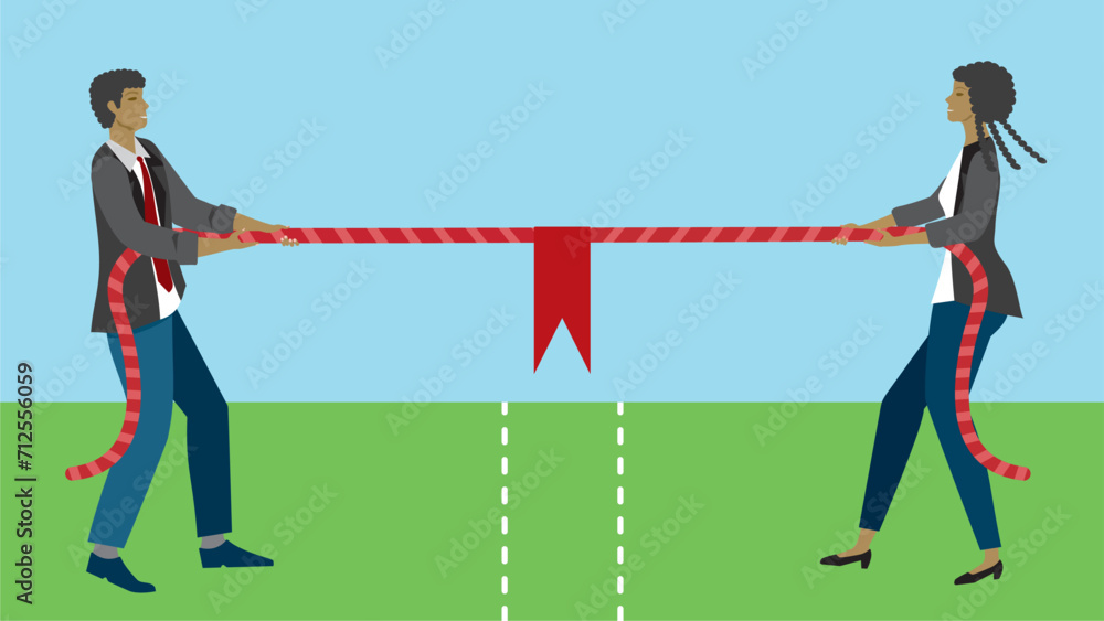 Man and woman in tug-of-war competition. Dragging rope with flag ...