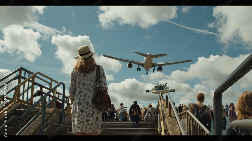 a crowd of people walking up a flight of stairs towards an airplane ...