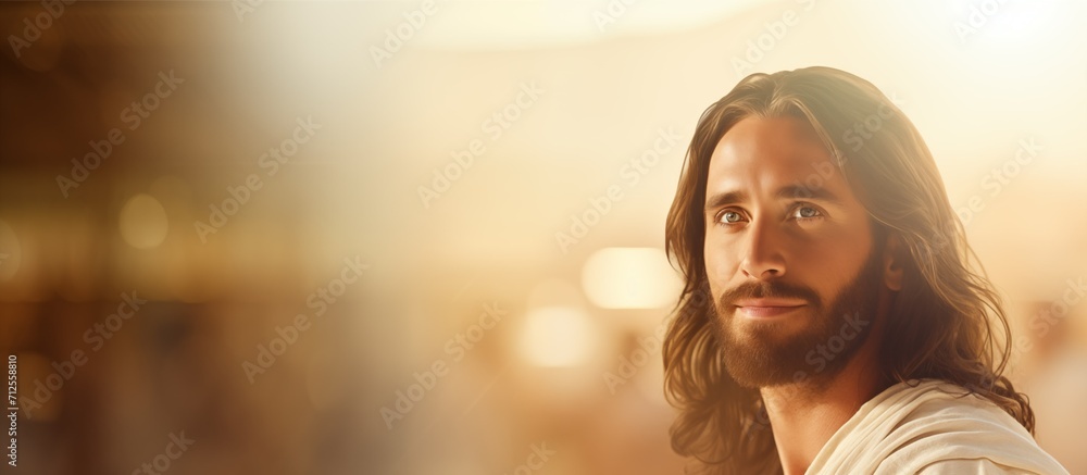 Smiling Jesus Christ in the rays of the shining sun on an unfocused ...
