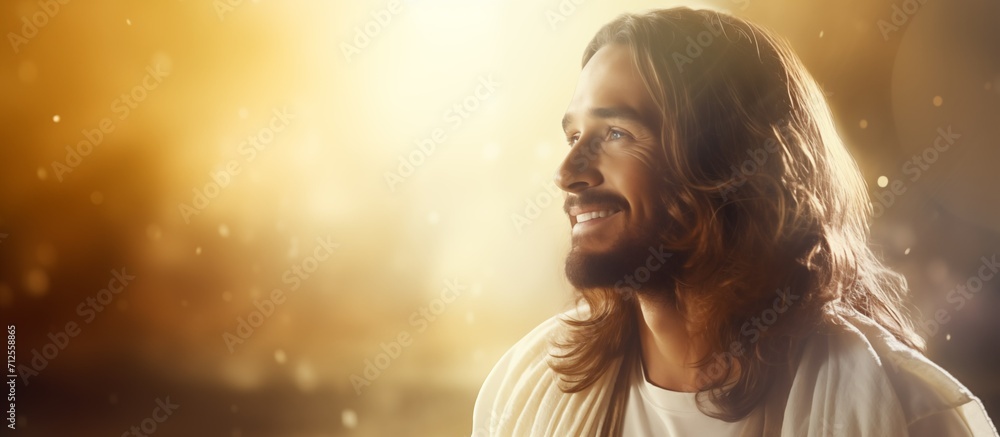 Smiling Jesus Christ in the rays of the shining sun on an unfocused ...