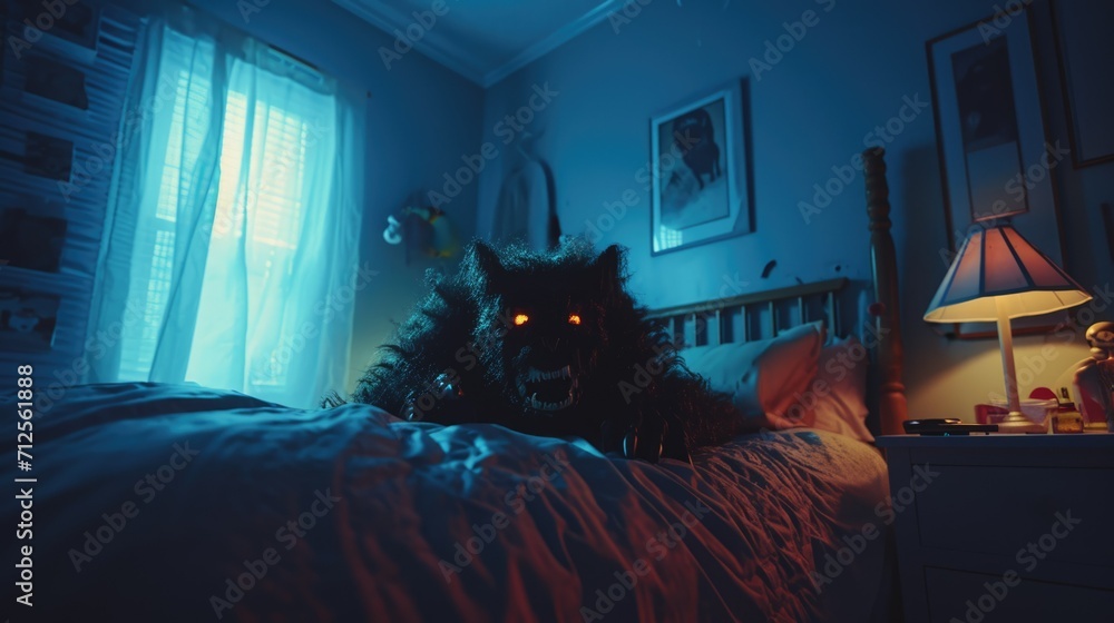 Child had nightmare. Scary werewolf with glowing eyes sit on bed ...