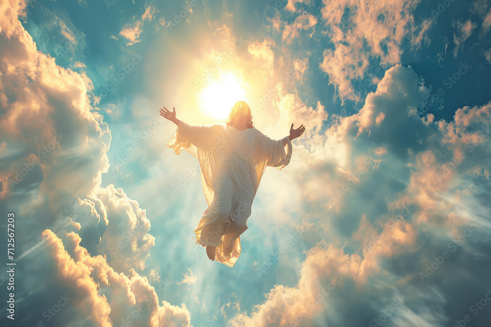 The resurrected Jesus Christ ascending to heaven above the bright light ...