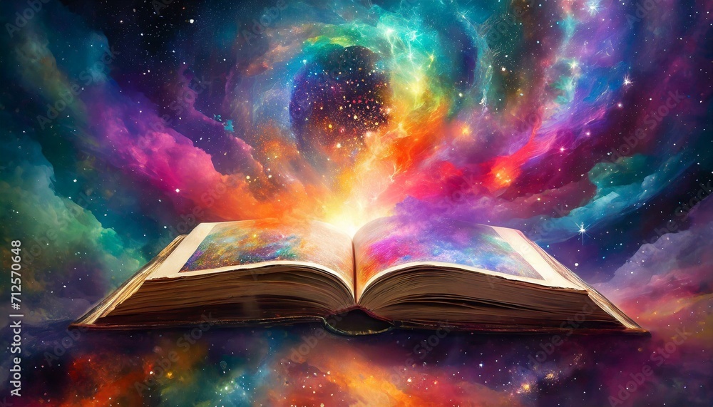 magic book with magic light.an open book titled "The Universe Unfolds ...