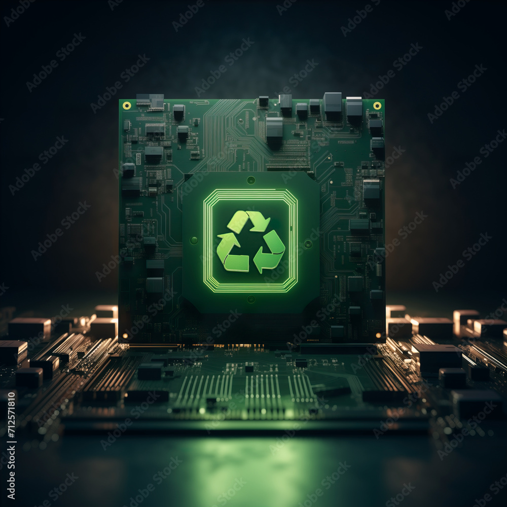 Generative AI illustration of circuit board with a glowing green ...