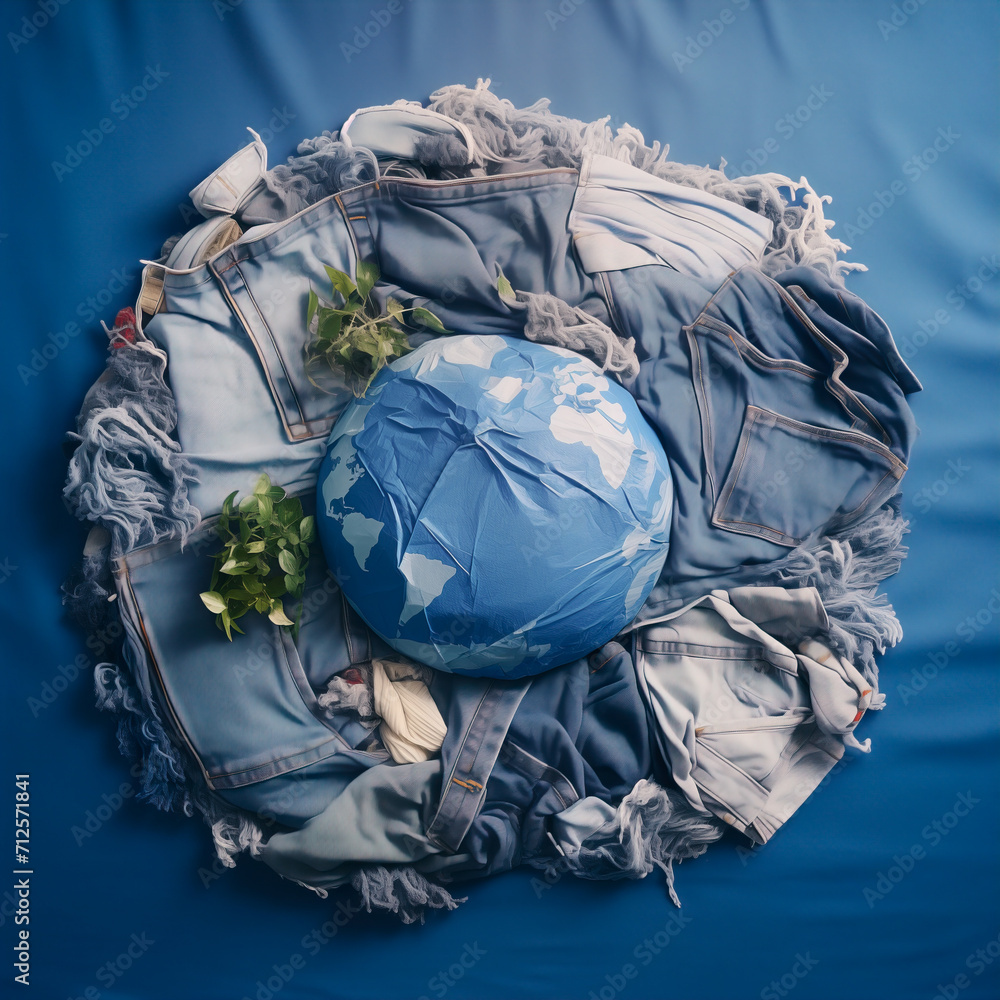 Generative AI illustration of globe wrapped in denim fabric surrounded ...