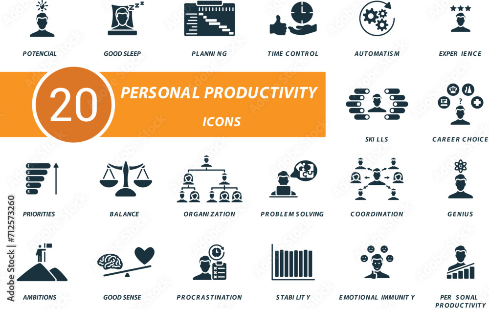 Personal productivity icons set. Creative icons: potential, good sleep ...