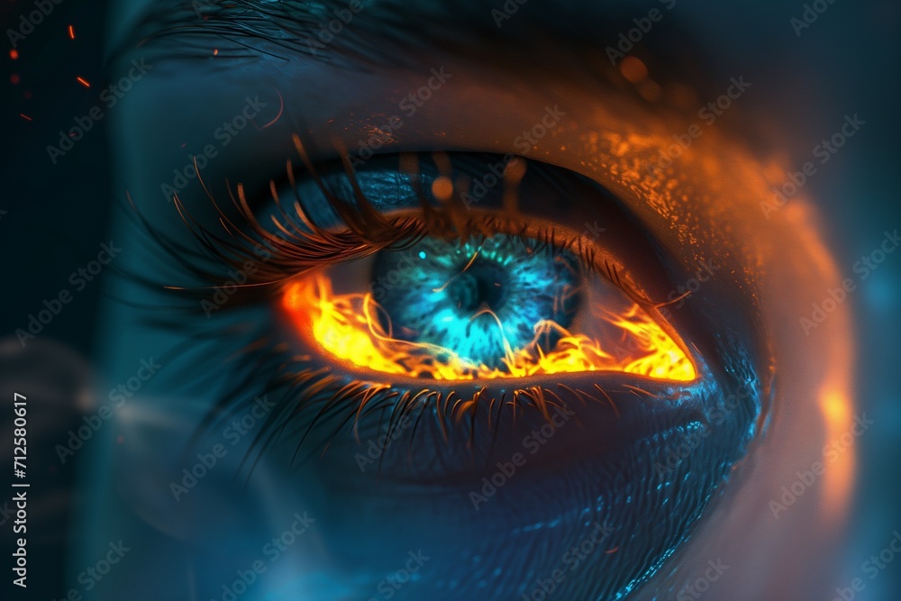 Woman's blue ice eye in the dark. Fire. Piercing eyes. Burning demonic ...