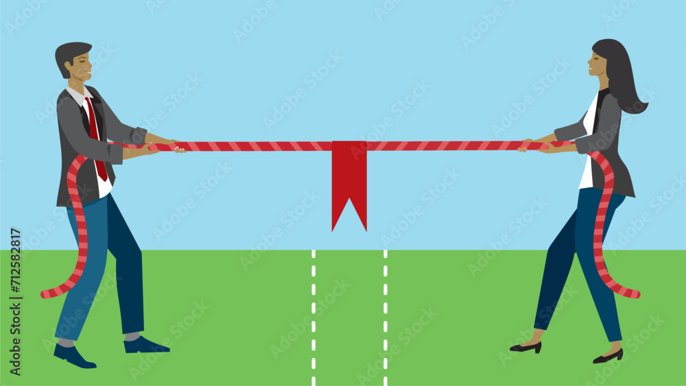 Man and woman in tug-of-war competition. Dragging rope with flag ...