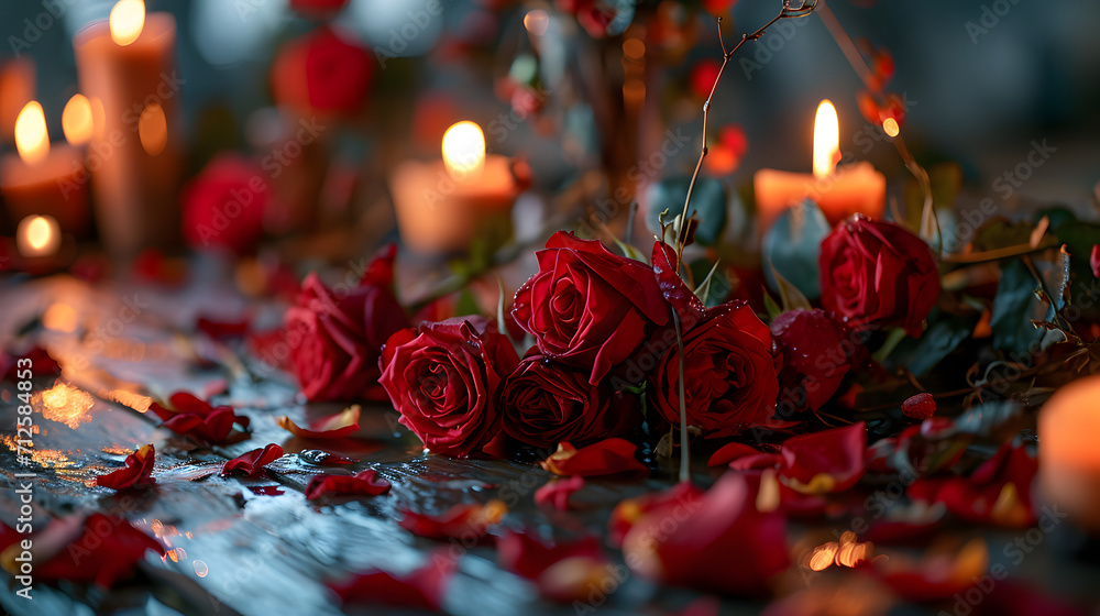 Beautiful red roses and candles on dark wooden table, closeup ...