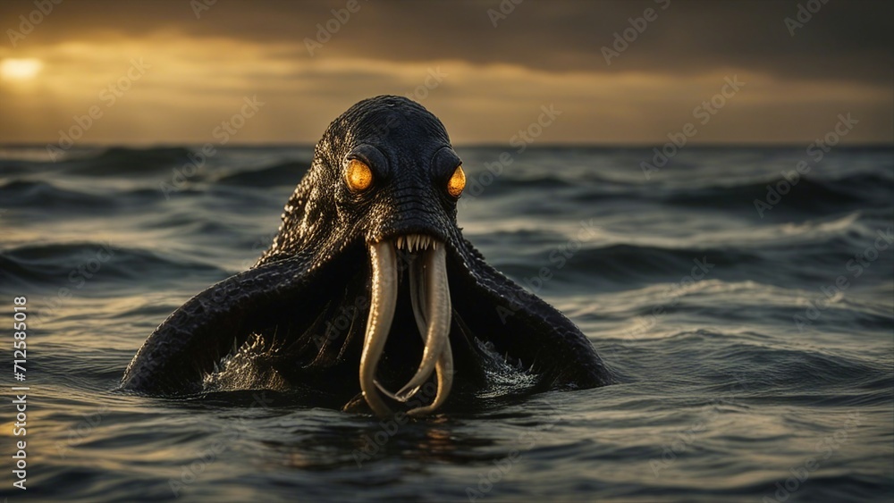 on the beach A massive and fearsome horror monster with a scaly skin, glowing yellow eyes, and ...