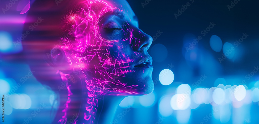 Close up view side profile shot of beautiful woman face with anatomical ...