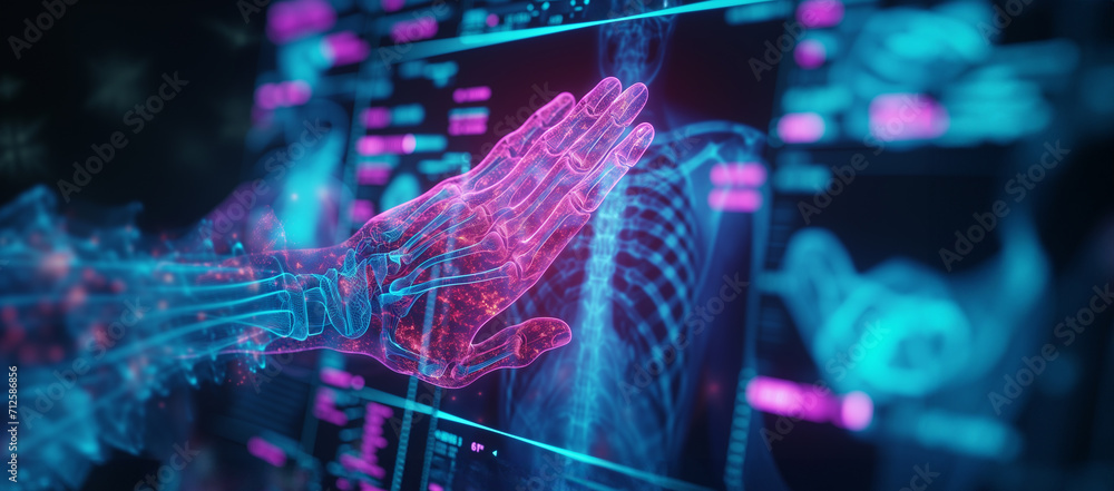 Female hand with anatomical x-ray bones details touch computer screen ...