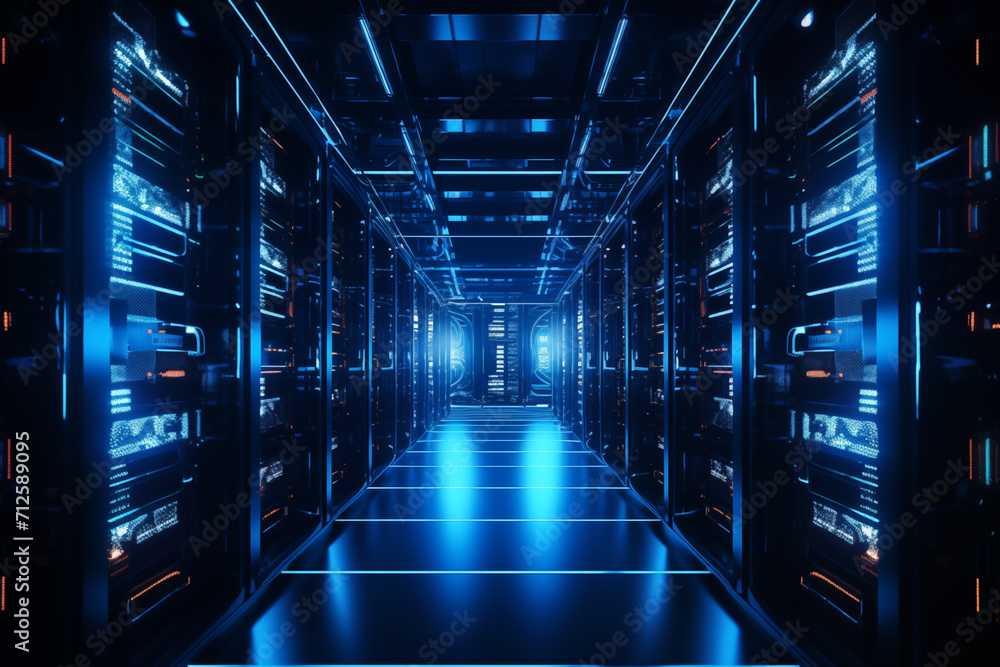 Modern data technology center server racks in dark room with VFX ...