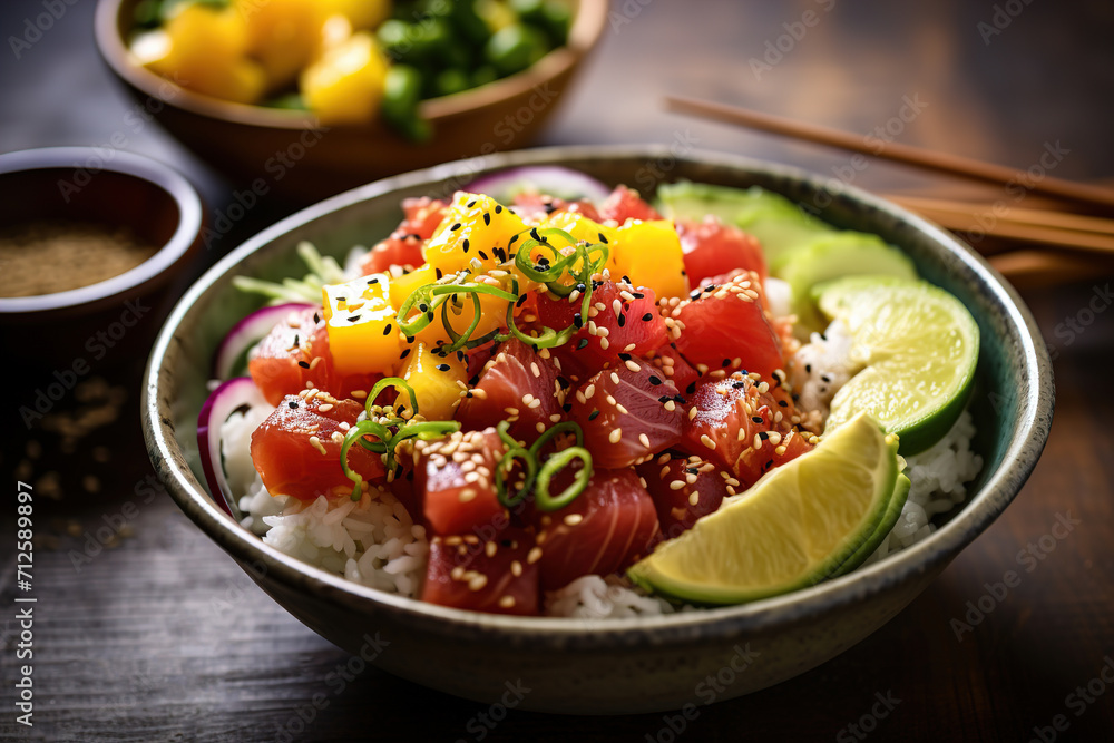 Tuna poke with avocado, wild rice and seaweed. Hawaiian traditional ...