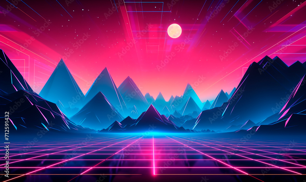 Synthwave mesh neon road with cyber mountains background. Glowing 3d ...