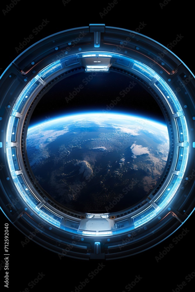 spaceship round window with sunrise over planet view, space station ...
