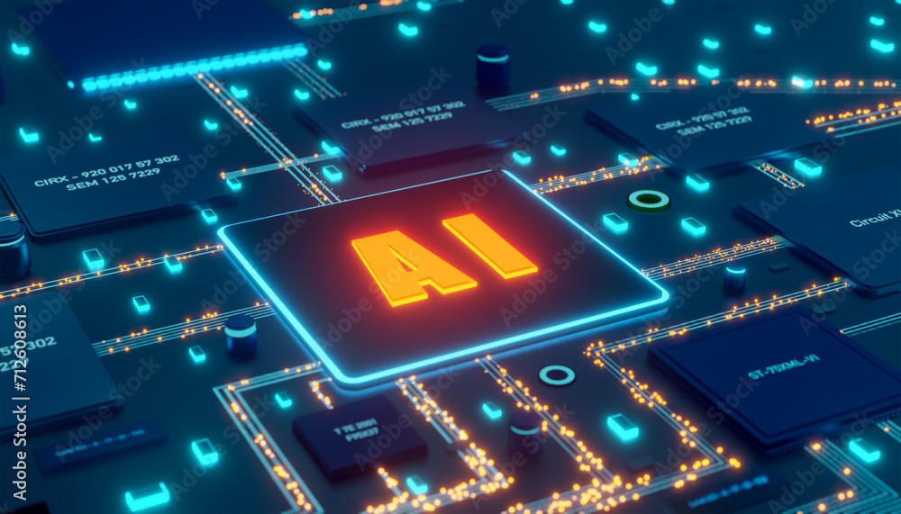 Orange and blue illuminated AI processor on the motherboard. Computer ...
