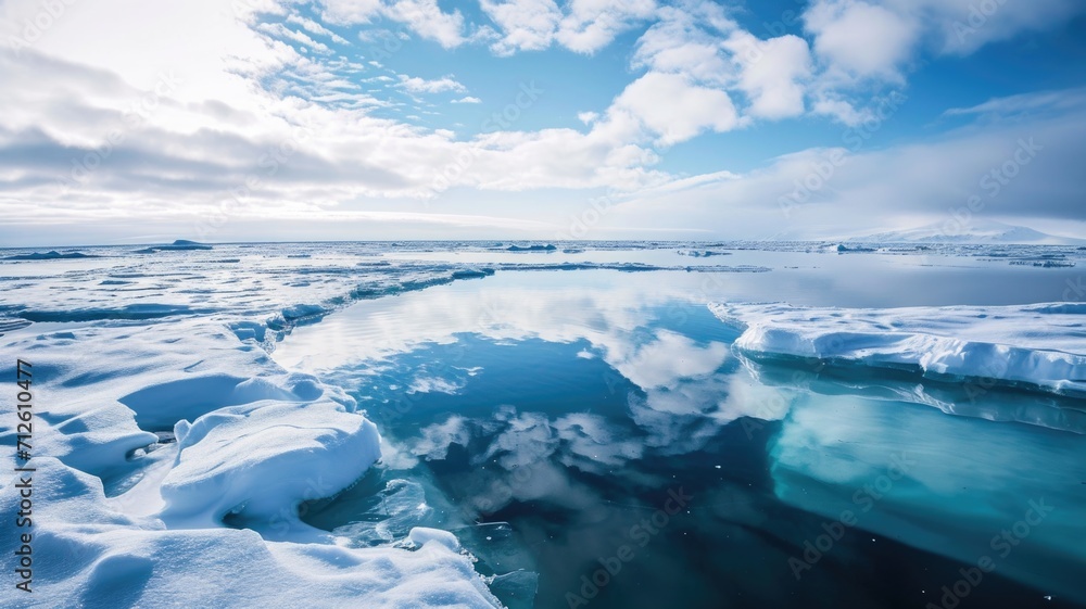 harshness of the Arctic landscape in the reflections in the clear water of massive glaciers and ...