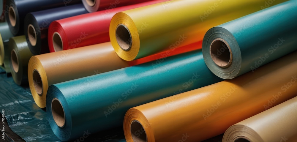 a bunch of rolls of colored paper sitting on top of a pile of plastic ...