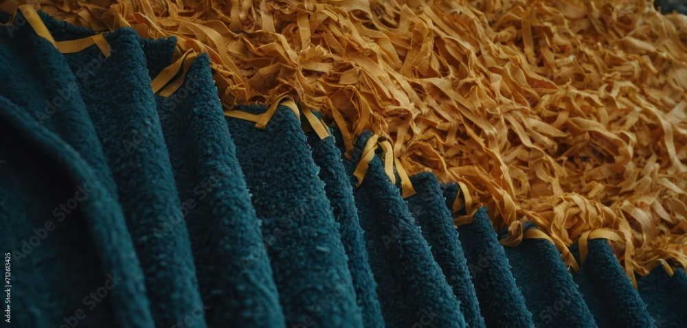 a pile of yellow shredded wood shavings next to a pile of blue towels ...