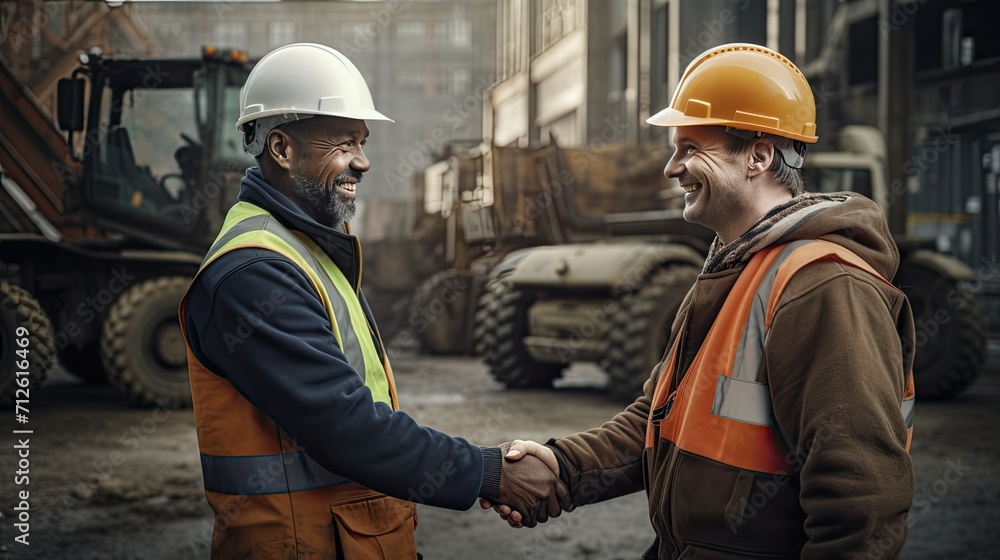 details of the handshake of builders at a construction site or ...