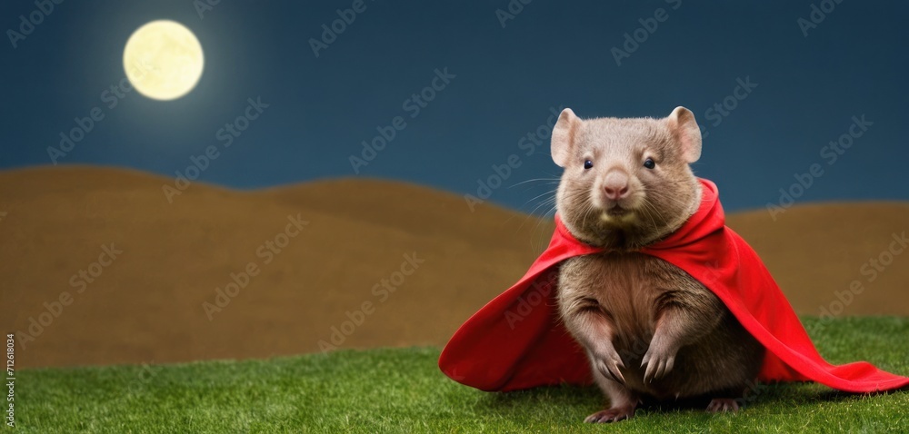 a rodent dressed in a red cape sits on a grassy hill at night with a ...
