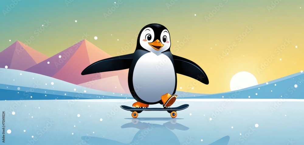 a cartoon penguin riding a skateboard on a snow covered surface with a ...