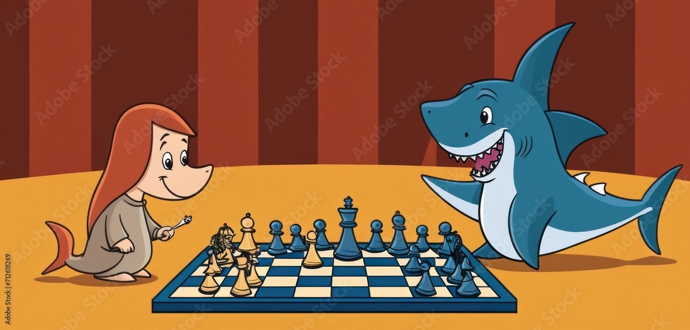 a cartoon character playing a game of chess with a shark and a shark ...