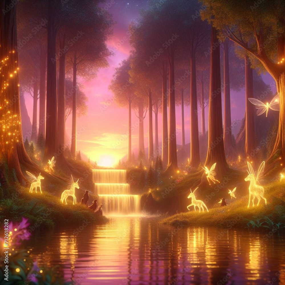 Floresta encantada ao crepúsculo: árvores iluminadas por fadas, cascata ...