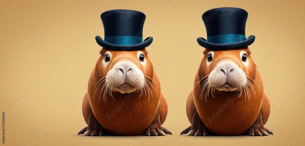 two brown groundhogs wearing top hats and standing in front of a brown ...