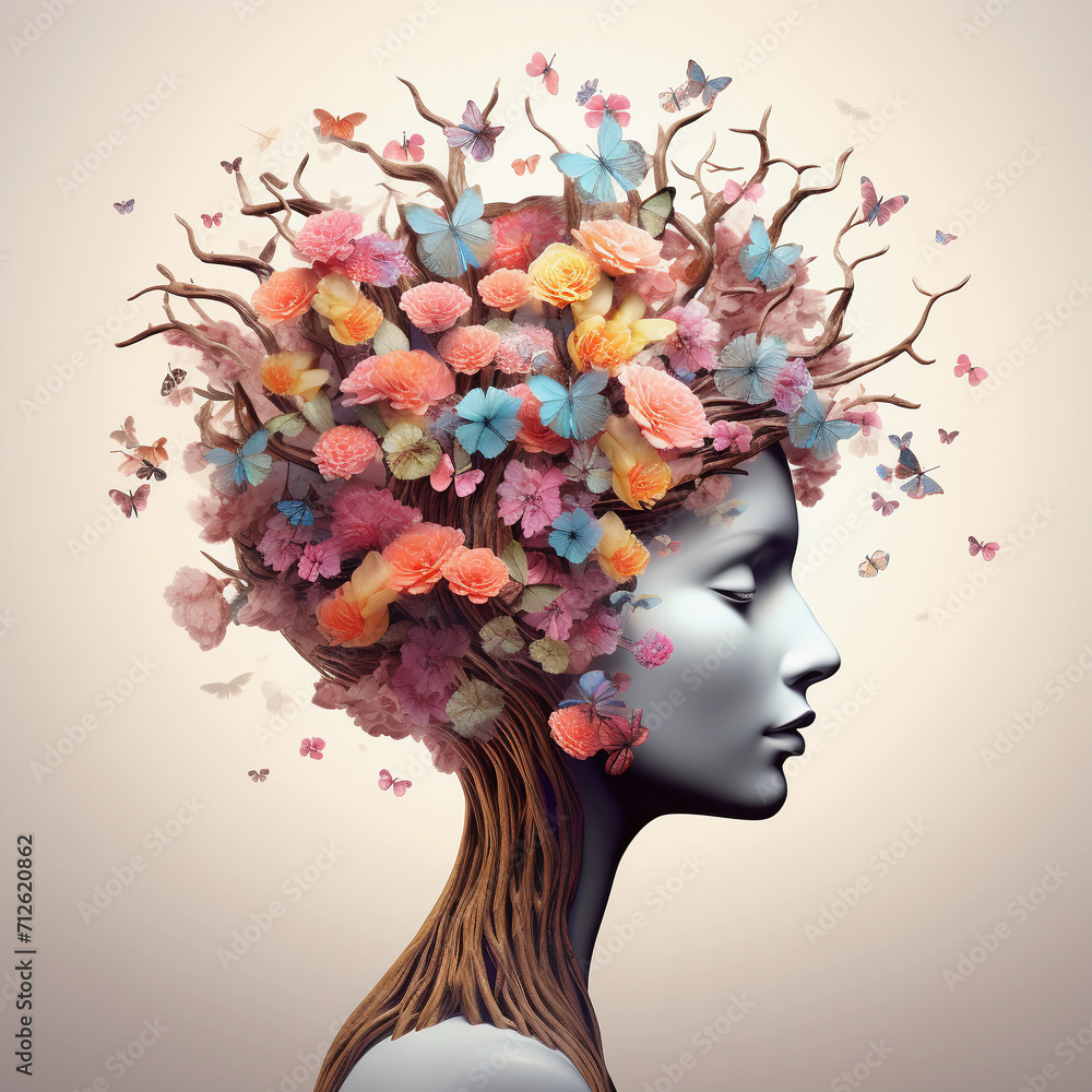 Human brain tree with flowers, self care and mental health concept ...
