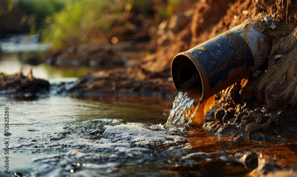 Polluted water flowing from an old rusty pipe into a natural waterway ...